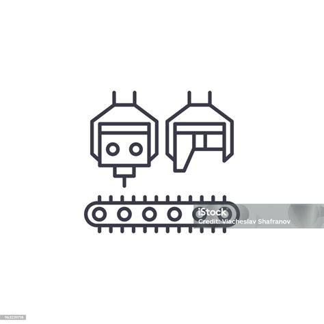 컨베이어 로봇 선형 아이콘 개념입니다 컨베이어 로봇 라인 벡터 기호 상징 그림 3차원 형태에 대한 스톡 벡터 아트 및 기타 이미지 3차원 형태 개념 공장 산업 건물