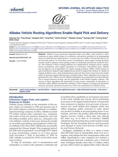 alibaba vehicle routing algorithms enable rapid pick and delivery pdf