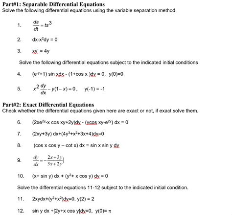 Solved Part 1 Separable Differential Equations Solve The