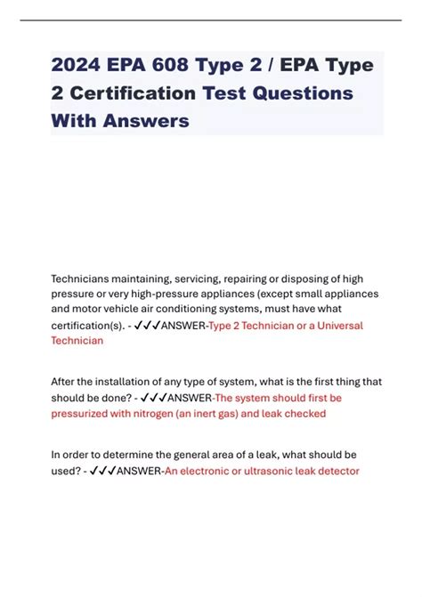2024 Epa 608 Type 2 Epa Type 2 Certification Test Questions With Answers 2024 Epa 608 Type 2