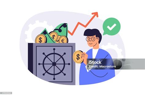 웹 사이트 디자인을 위해 평면 만화 사람들과 함께 돈을 절약하는 웹 개념 동전과 현금을 모으고 은행에서 개인 금융을 안전하게 보관하고 이익을 얻고 부를 버는 남자 벡터