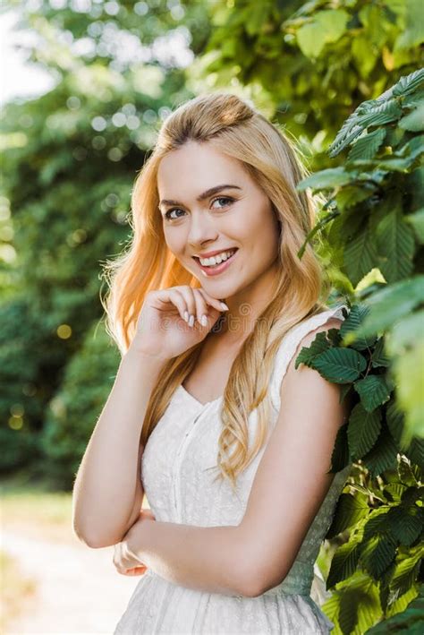 Beautiful Young Blonde Woman In White Dress Smiling Stock Image Image Of European Adult