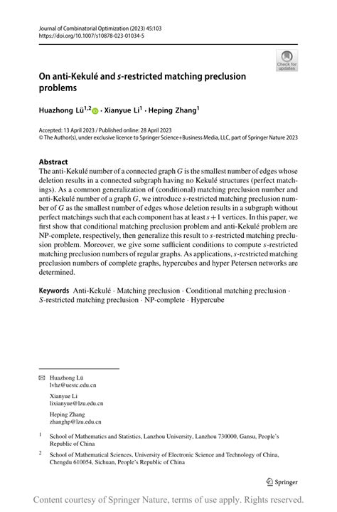 On Anti Kekulé And S Restricted Matching Preclusion Problems Request Pdf