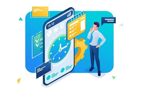 사업가는 스마트 폰에서 응용 프로그램을 사용하여 시간 관리에 종사 3d 아이소메트릭 웹 디자인에 대한 개념 경영자에 대한 스톡