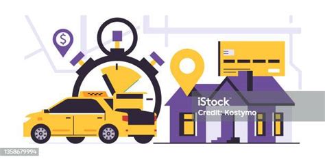 당신의 가정에 온라인 택시 서비스 노란 택시가 집에서 승객을 기다리고 있습니다 지도 Gps 포인트 스톱 워치 은행 카드 배경에 격리된 벡터 그림 개념에 대한 스톡 벡터 아트