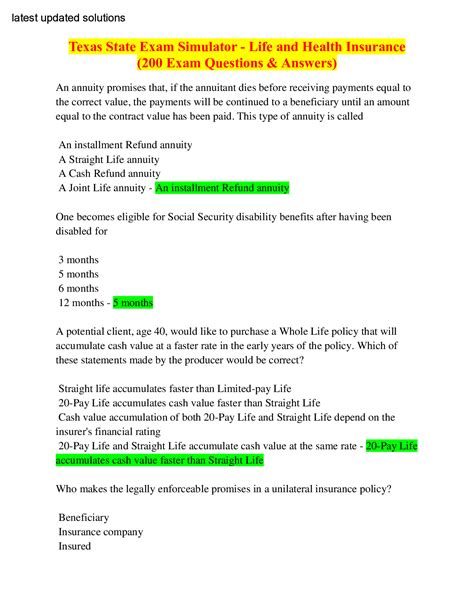 Texas State Exam Simulator Life And Health Insurance 200 Exam