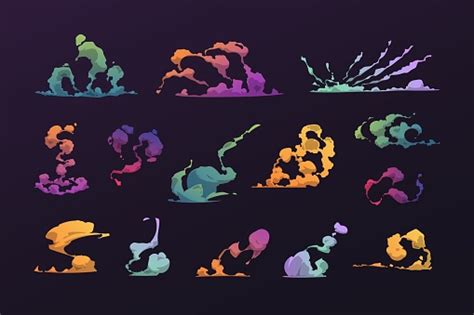 만화 다채로운 연기 효과 마법의 불 폭발과 독 폭발 폭발 다채로운 불 모션 스프라이트 세트의 만화 게임 자산 벡터 격리 집합 복고풍에 대한 스톡 벡터 아트 및 기타 이미지