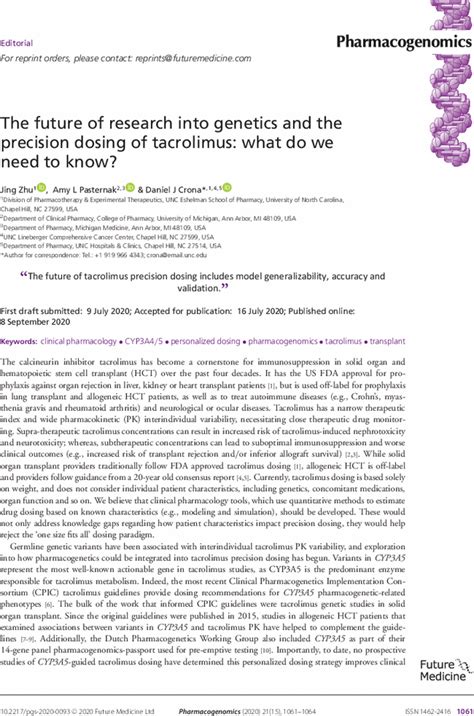 The Future Of Research Into Genetics And The Precision Dosing Of Tacrolimus What Do We Need To
