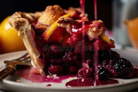 Close Up Of Slice Of Fruit Pie With Juices And Filling Oozing Out