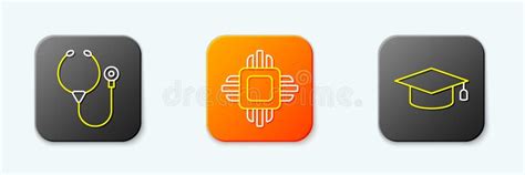 Set Line Stethoscope Processor Cpu And Graduation Cap Icon Vector Stock Illustration