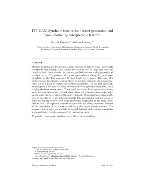 PDF ITF GAN Synthetic Time Series Dataset Generation And Manipulation By Interpretable Features