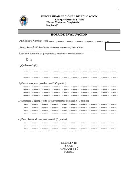 Hoja De EvaluaciÓnexcel 1 Pdf