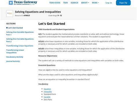 Texas Gateway Solving Equations And Inequalities Unit Plan For 9th 10th Grade Lesson Planet