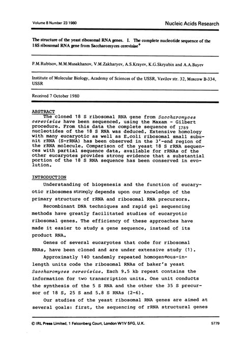 Pdf The Structure Of The Yeast Ribosomal Rna Gene I The Complete Nucleotide Sequence Of The