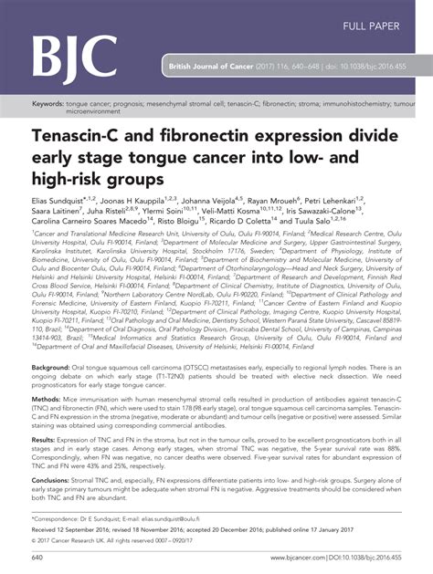 Pdf Tenascin C And Fibronectin Expression Divide Early Stage Tongue Cancer Into Low And High