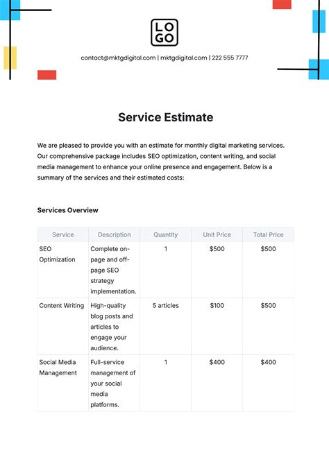 Free Cost Estimate Templates Editable And Printable