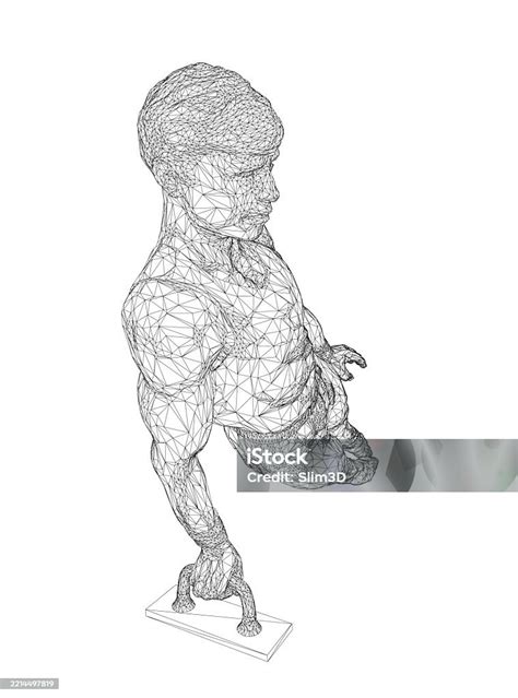 한 남자가 흑백 그림에 묘사되어 있습니다 이 그림은 근육질의 몸매와 대머리를 가진 남자의 그림입니다 그 남자는 팔짱을 끼고 두 손을 허리에 얹고 서 있다 A 라인에 대한