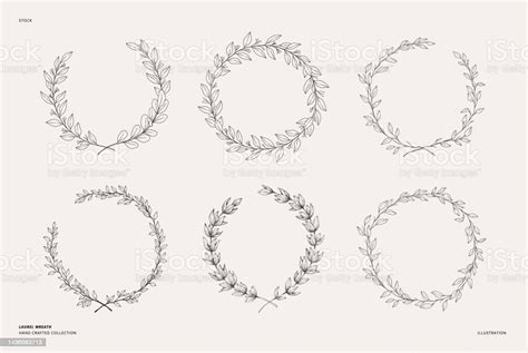 월계관 화환의 손으로 그린 벡터 세트 부드러운 가지와 나뭇잎의 화환 선형 그림 식물 디자인 요소 청첩장 인사말 카드 인쇄물