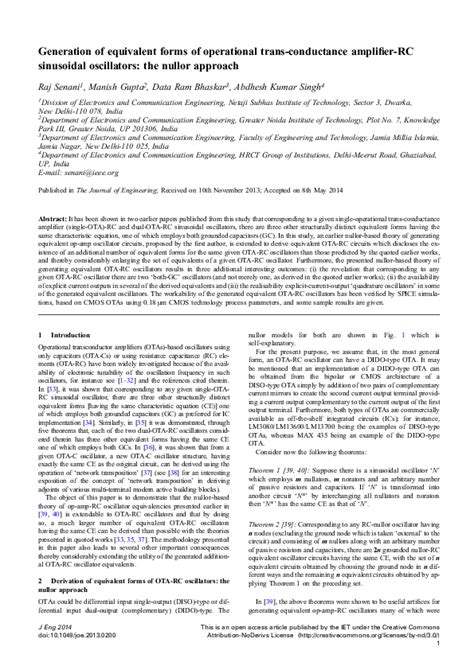 Pdf Generation Of Equivalent Forms Of Operational Trans Conductance Amplifier Rc Sinusoidal