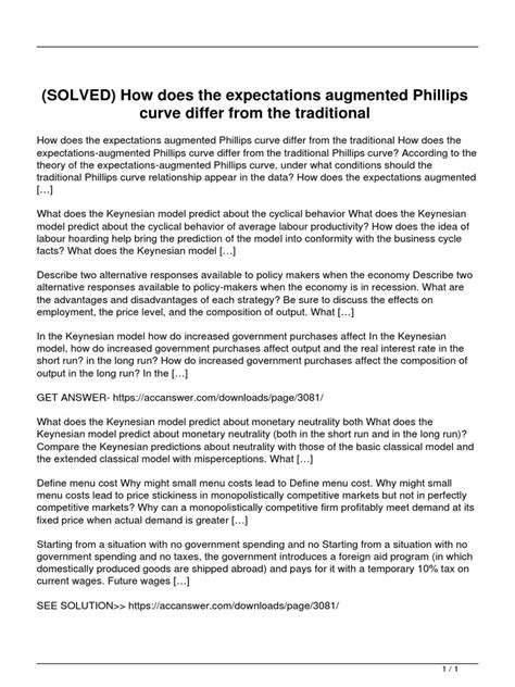 Solved How Does The Expectations Augmented Phillips Curve Differ From