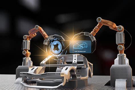 공장 로봇 하이테크 로봇 Ai 제어 팔 손 로봇 기술 손 사이보그 2022 3d Render와 차고 대리점에서 자동차 기술에 대한 자동차 생산 처리 서비스 메타버스에 대한