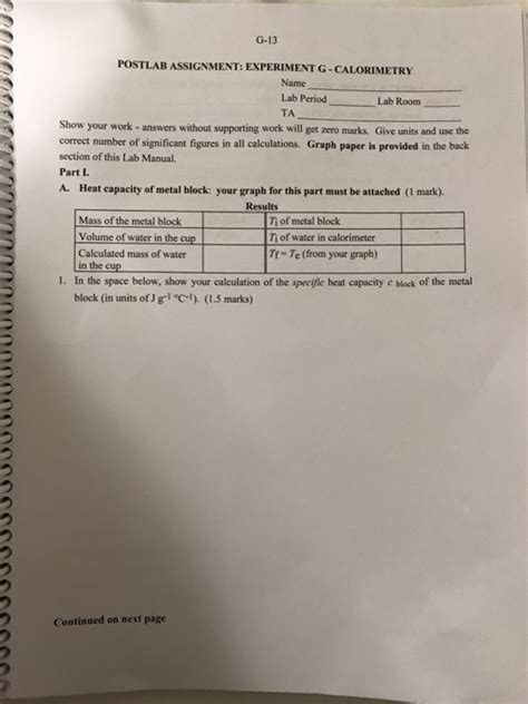 G 13 Postlab Assignment Experiment G Calorimetry