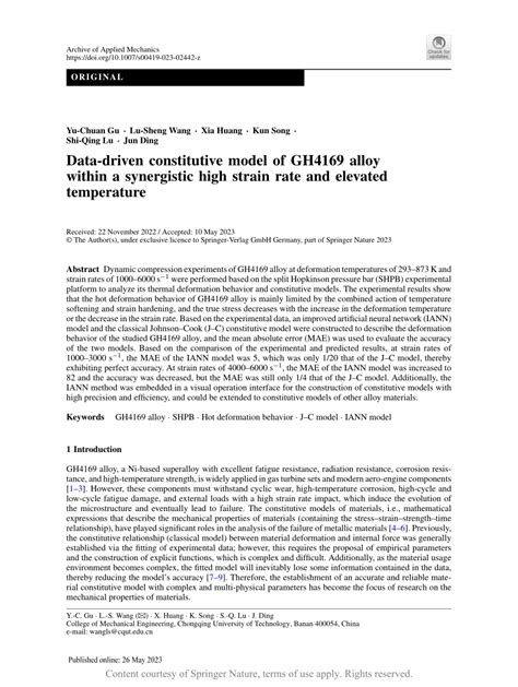 Data Driven Constitutive Model Of Gh4169 Alloy Within A Synergistic High Strain Rate And