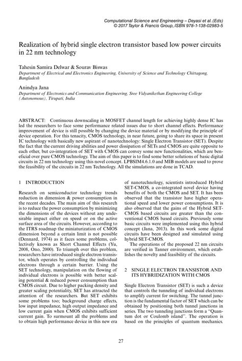 Pdf Realization Of Hybrid Single Electron Transistor Based Low Power Circuits In 22 Nm Technology