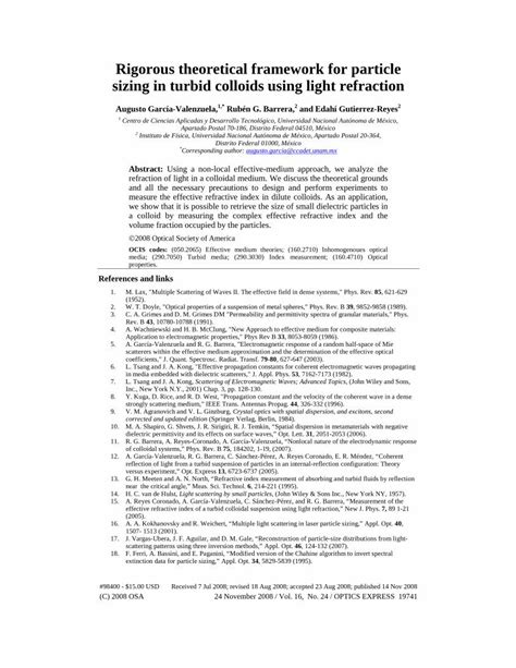 Pdf Rigorous Theoretical Framework For Particle Sizing In Turbid