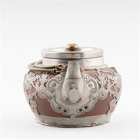 Lot Two Red Clay Yi Xing Pottery Teapots One Mounted In Pewter With Dragons Tallest 4 1 2 In