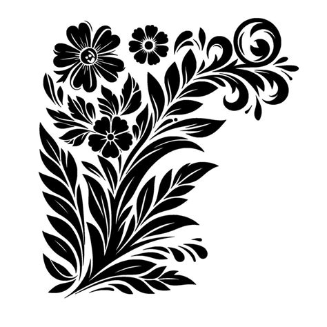 Elegant Floral Corner Black And White Illustration Featuring Stylized Flowers Leaves And