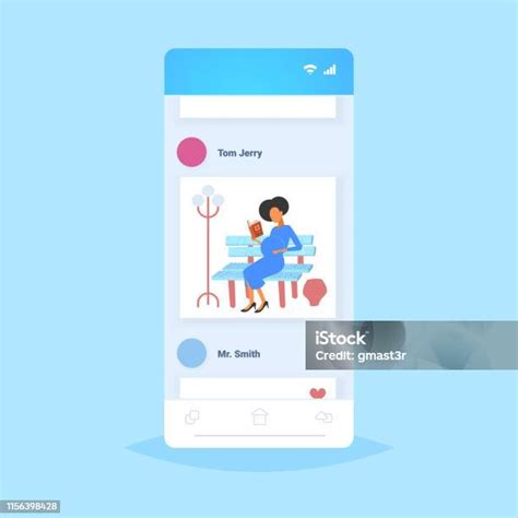 임산부 독서 책 에 벤치 소녀 감동 그녀의 배꼽 임신 어머니 개념 스마트폰 화면 모바일 응용 프로그램 도시 도시 공원 야외 평면 전체 길이 개념에 대한 스톡 벡터 아트 및