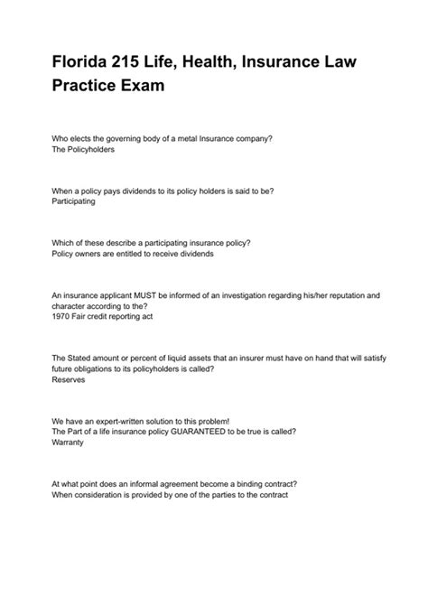 Florida 215 Life Health Insurance Law Practice Exam Questions And Answers Already Graded A