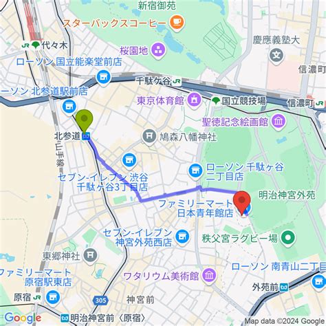 北参道駅から日本青年館ホールへのルートマップ MDATA