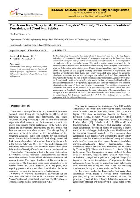 Pdf Timoshenko Beam Theory For The Flexural Analysis Of Moderately Thick Beams Variational