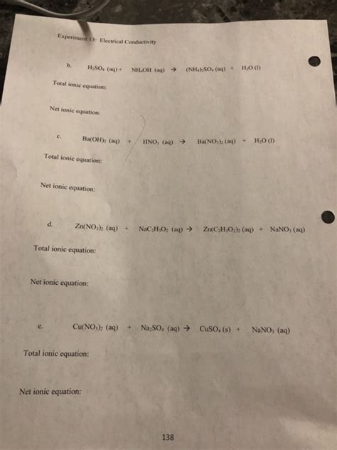 solved total ionic equation net ionic equation post lab