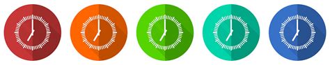 시간 아이콘 세트 시계 시계 빨간색 파란색 녹색 및 주황색 평면 디자인 웹 버튼은 흰색 배경 벡터 일러스트레이션에 격리되어 있습니다 0명에 대한 스톡 벡터 아트 및 기타