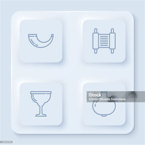 세트 라인 전통 숫양 뿔 쇼파르 토라 두루마리 유대인 잔 및 석류 흰색 사각형 버튼입니다 벡터 0명에 대한 스톡 벡터 아트 및