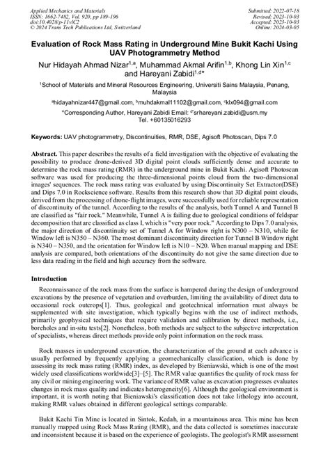 Evaluation Of Rock Mass Rating In Underground Mine Bukit Kachi Using Uav Photogrammetry Method