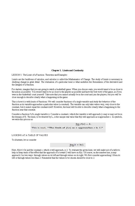 Basic Calculous 3RD Chapter 1 Limits And Continuity LESSON 1 The
