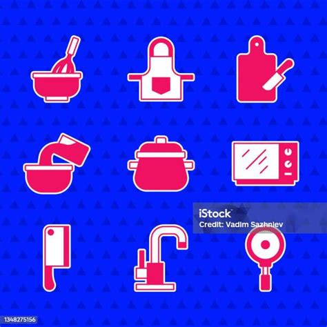 요리 냄비 물 꼭두침 프라이팬 전자 레인지 고기 헬기 냄비 도마와 칼과 부엌 거품기 그릇 아이콘을 설정합니다 벡터 가정 생활에 대한 스톡 벡터 아트 및 기타 이미지 Istock