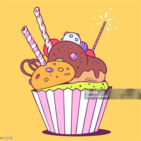 쿠키 스파클러 노란색 배경에 와플 달콤한 만화 컵 케이크의 벡터 그림 웨이퍼에 대한 스톡 벡터 아트 및 기타 이미지 웨이퍼 컵케이크 0명 Istock