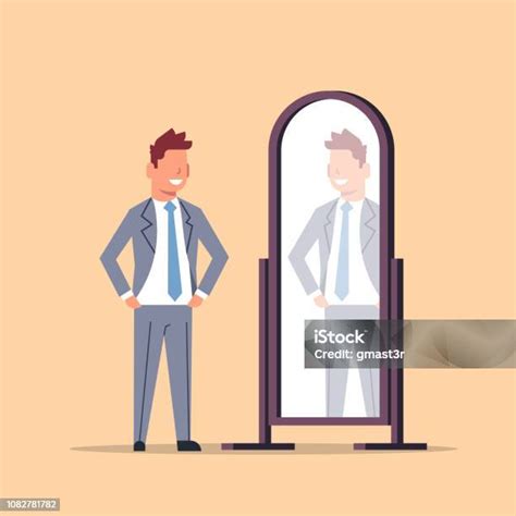 새로운 비즈니스 정장 우아한 남자 보고 거울 남성 만화 캐릭터 전체 길이 플랫에 노력 하 고 사업 거울에 대한 스톡 벡터 아트