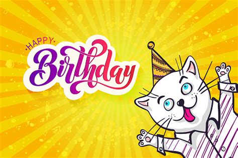 가이 셔츠와 모자에 있는 고양이 생일 축 하 문자 벡터 일러스트 레이 션 인사말 카드 디자인에 대 한 그림입니다 손으로 그린된 벡터 일러스트 레이 션 고양이 새끼에 대한