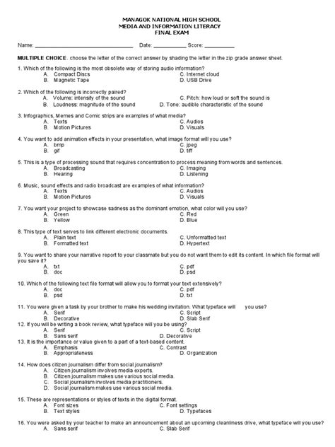 Managok National High School Media And Information Literacy Final Exam Pdf Typefaces Serif