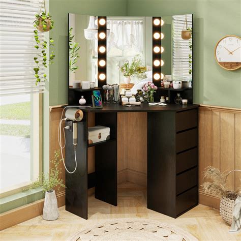 Corner Vanity Desk With 3 Color Led Lighted Mirror And Power Outlet