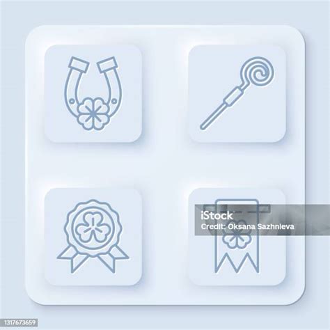 네 잎 클로버 워킹 스틱 네 잎 클로버와 네 잎 클로버와 파티 페넌트와 메달세트 라인 말굽 흰색 정사각형 버튼 벡터 우승기에 대한 스톡 벡터 아트 및 기타 이미지 Istock