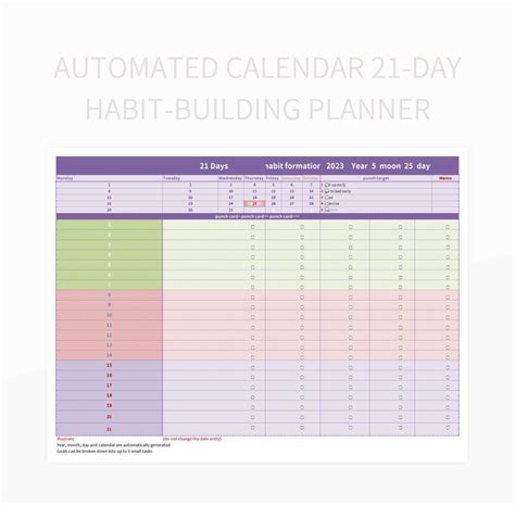 automated calendar 21 day habit building planner excel template and