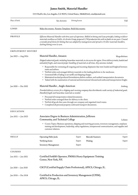 Material Handler Resume Examples 12 Pdfs And Guide 2025