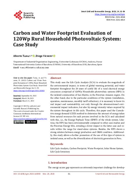 Pdf Carbon And Water Footprint Evaluation Of 120wp Rural Household